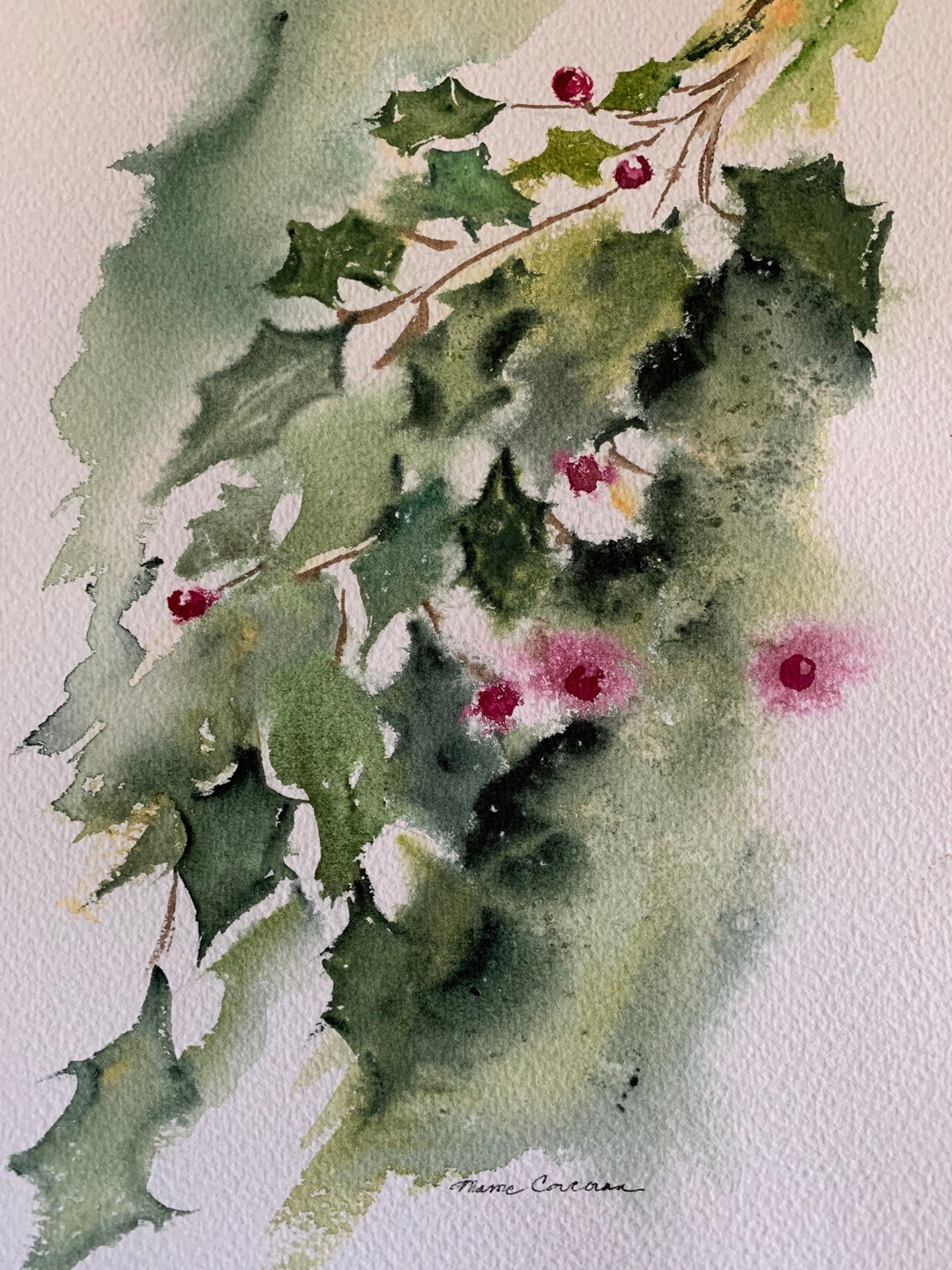 Original Watercolor Holly Wall Art, Loose Holly Watercolor Painting ...