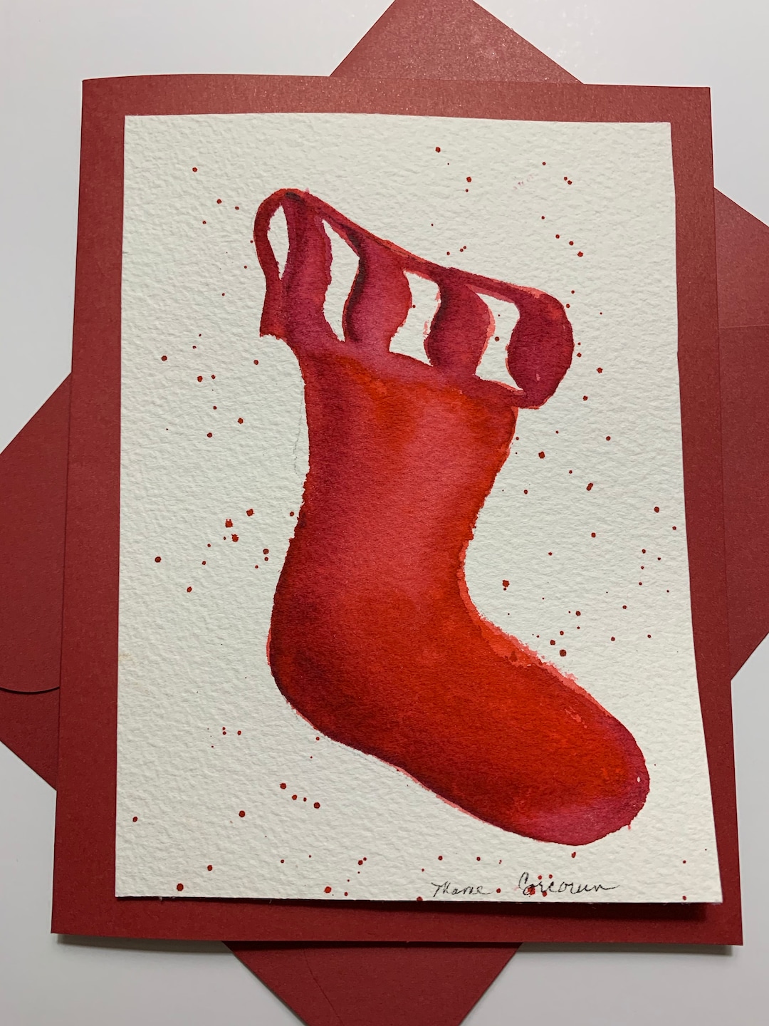 CHRISTMAS STOCKING GREETING Card, Hand Painted Holiday Card, Handmade ...