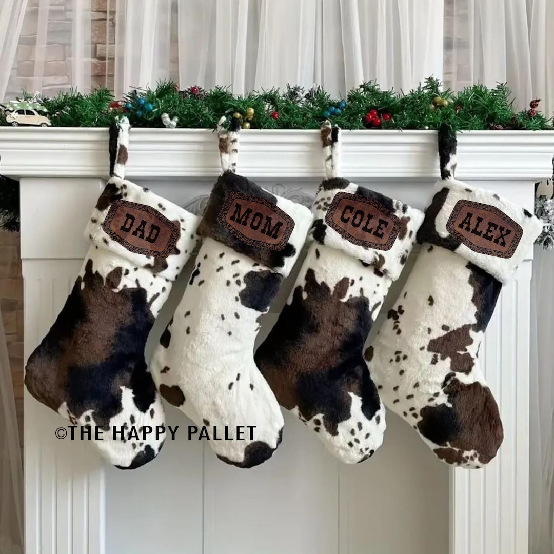 Farmhouse Christmas Cow Stockings, Christmas Stockings, Cow Print ...