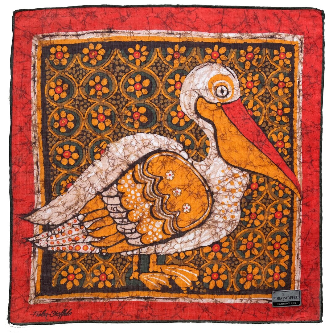 1960s Hankie Pelican Batik Style 11" Sq FISBA-STOFFELS Orange Made in ...