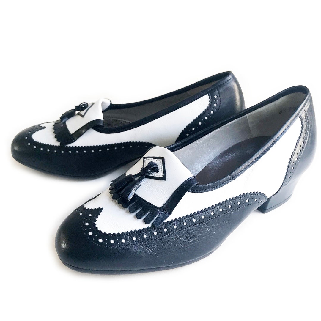 1970s Pumps Loafers Spectators Two Tones White-black With Tassels - Etsy