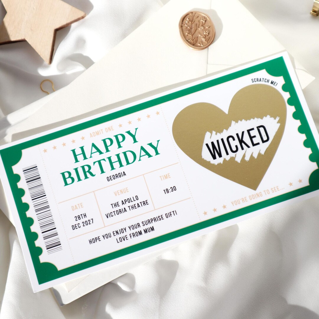 Wicked Musical Theatre Ticket, Birthday Scratch Reveal Card ...