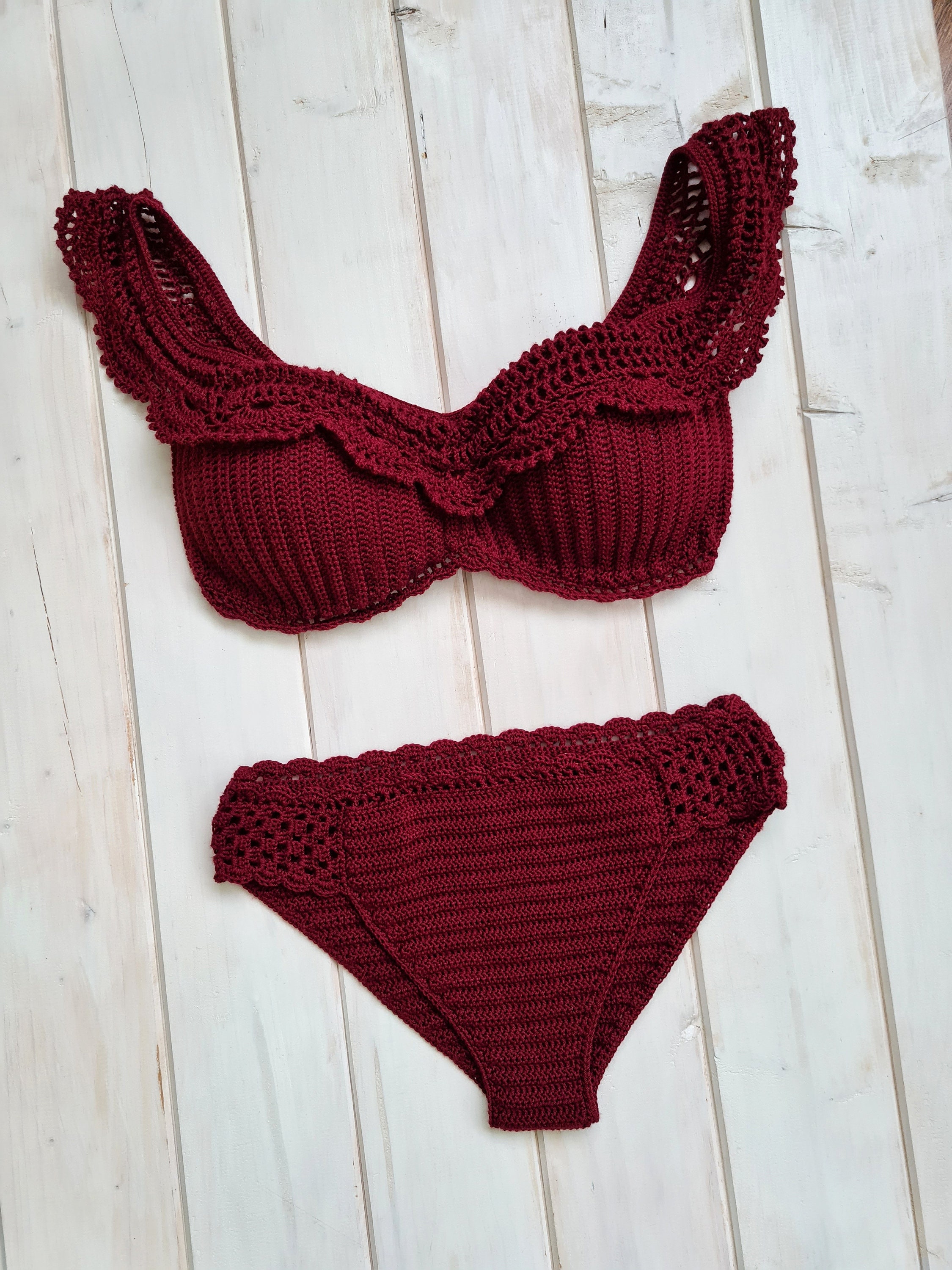 Crochet Lace Bikini, Crochet Swimsuit, Handmade Swimwear, Burgundy ...