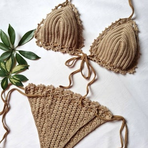 Crochet Swimsuit, Beige Knit Bikini, Sexy Crochet Bikini, Festival ...