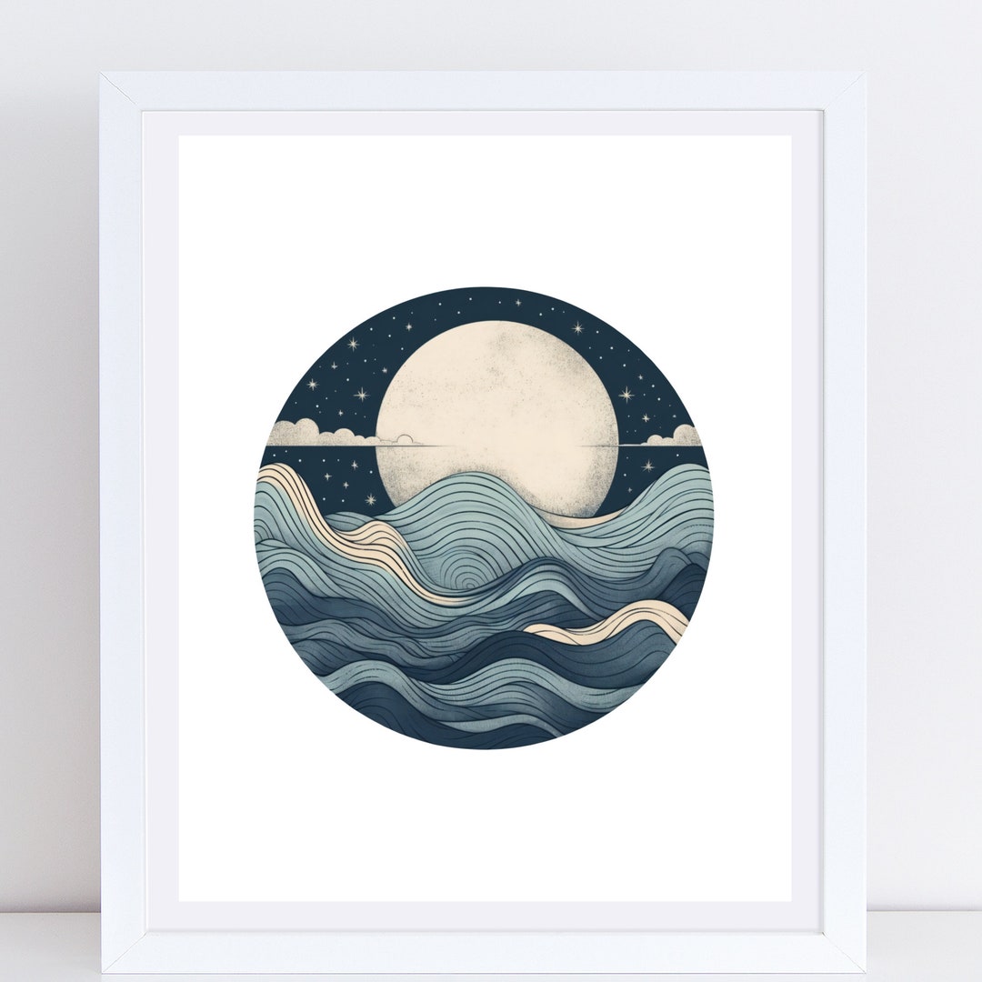 Moon, Sea, Stars Wall Art Print, Nautical Decor, Ocean Themed Nursery ...