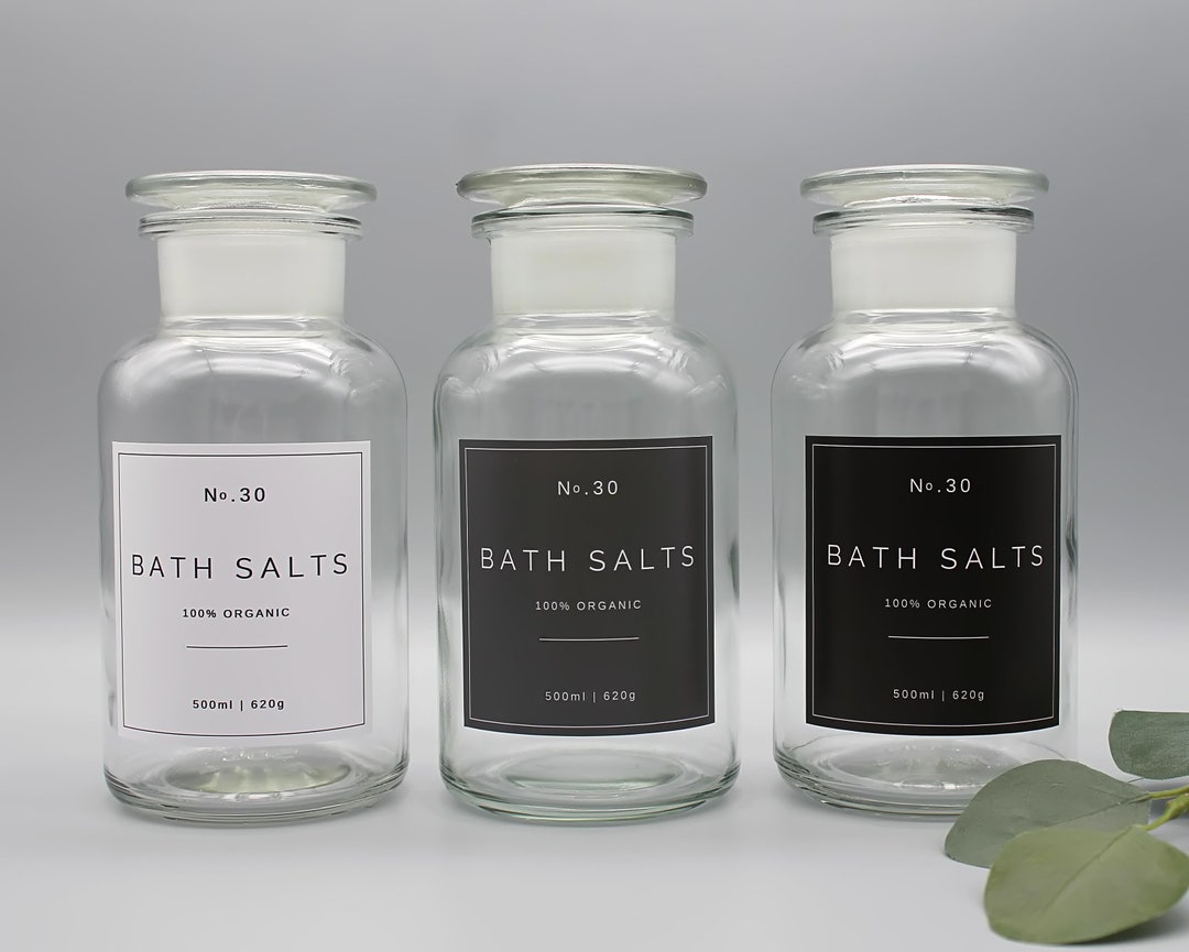 Clear Glass Apothecary Bath Salts Jar 500ml With White Grey Black Label ...