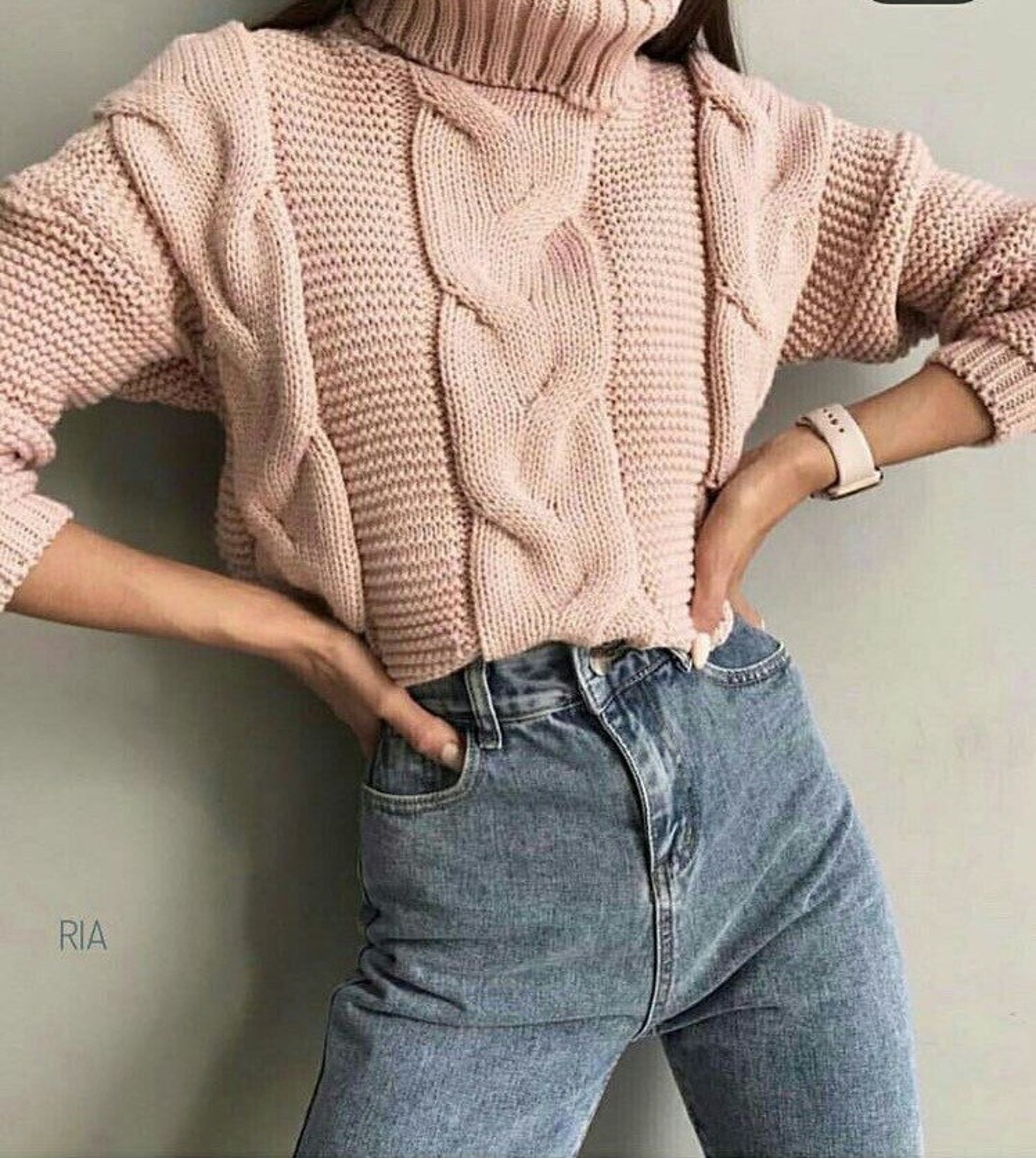 Pink Cable Knit Sweater Arm Knit Powder Sweater Handmade Etsy