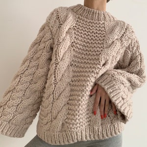 Beige Chunky Knit Pullover Hand Knit Women’s Wool Oversized Sweater 100 ...