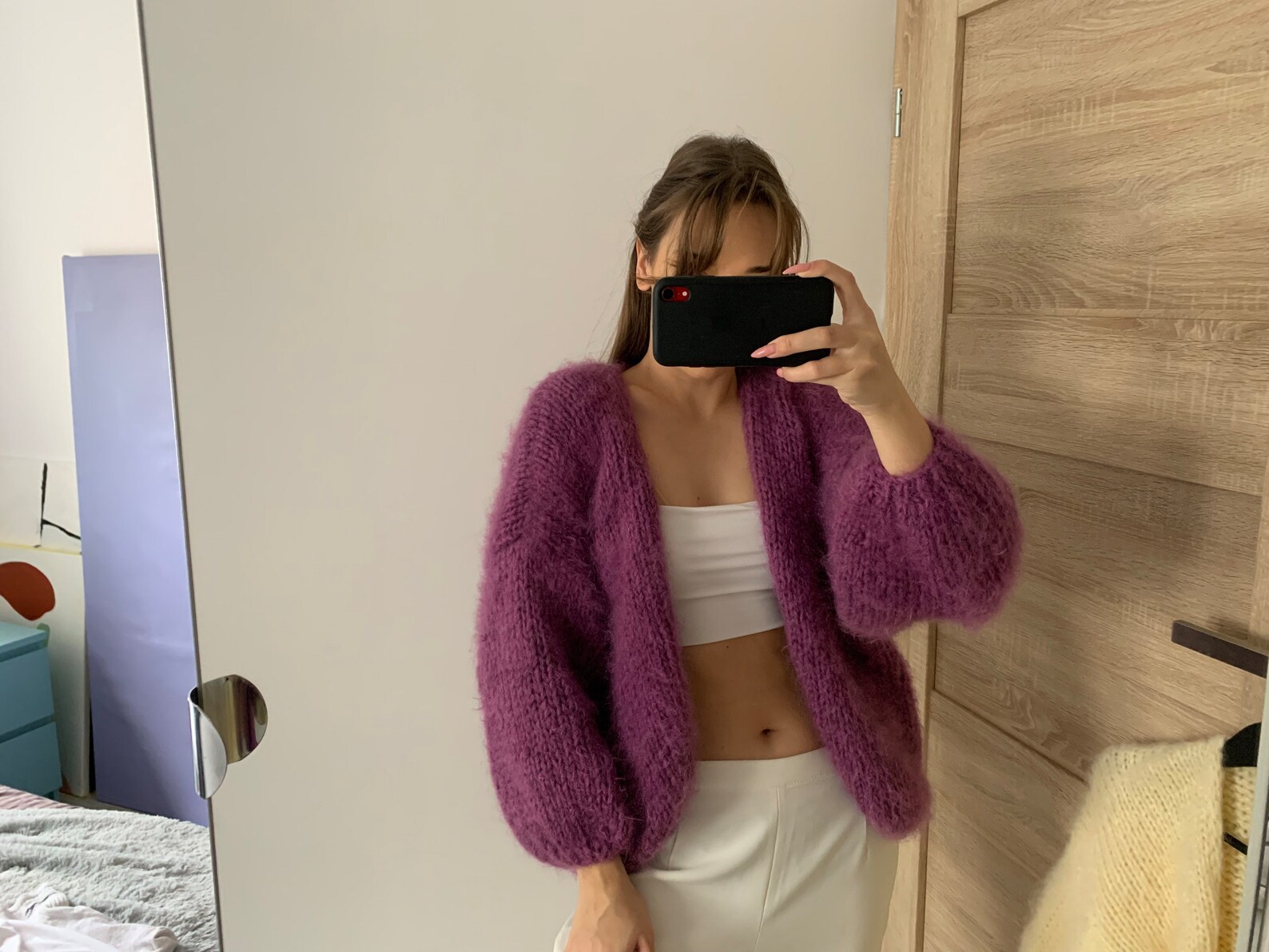 Mohair Coral Cardigan Hand Knit Women Cardigan Angora Wool Cardigan Arm ...