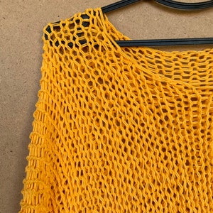 Yellow Fishnet Top Arm Knit Cotton Sweater - Hand Knit Cotton Women ...