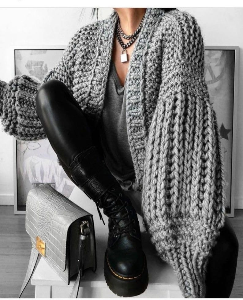 Oversized Grey Chunky Cardigan Hand Knit Cardigan From - Etsy