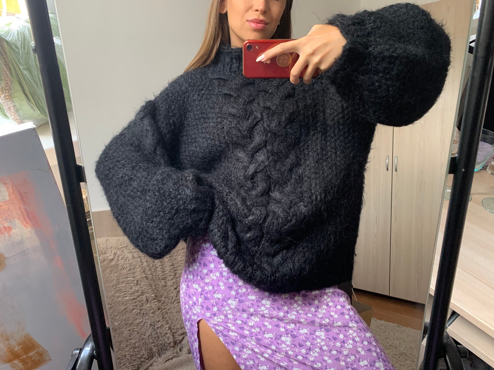 Black Cable Knit Mohair Sweater Hand Knit Women Sweater Cable Knit Wool ...