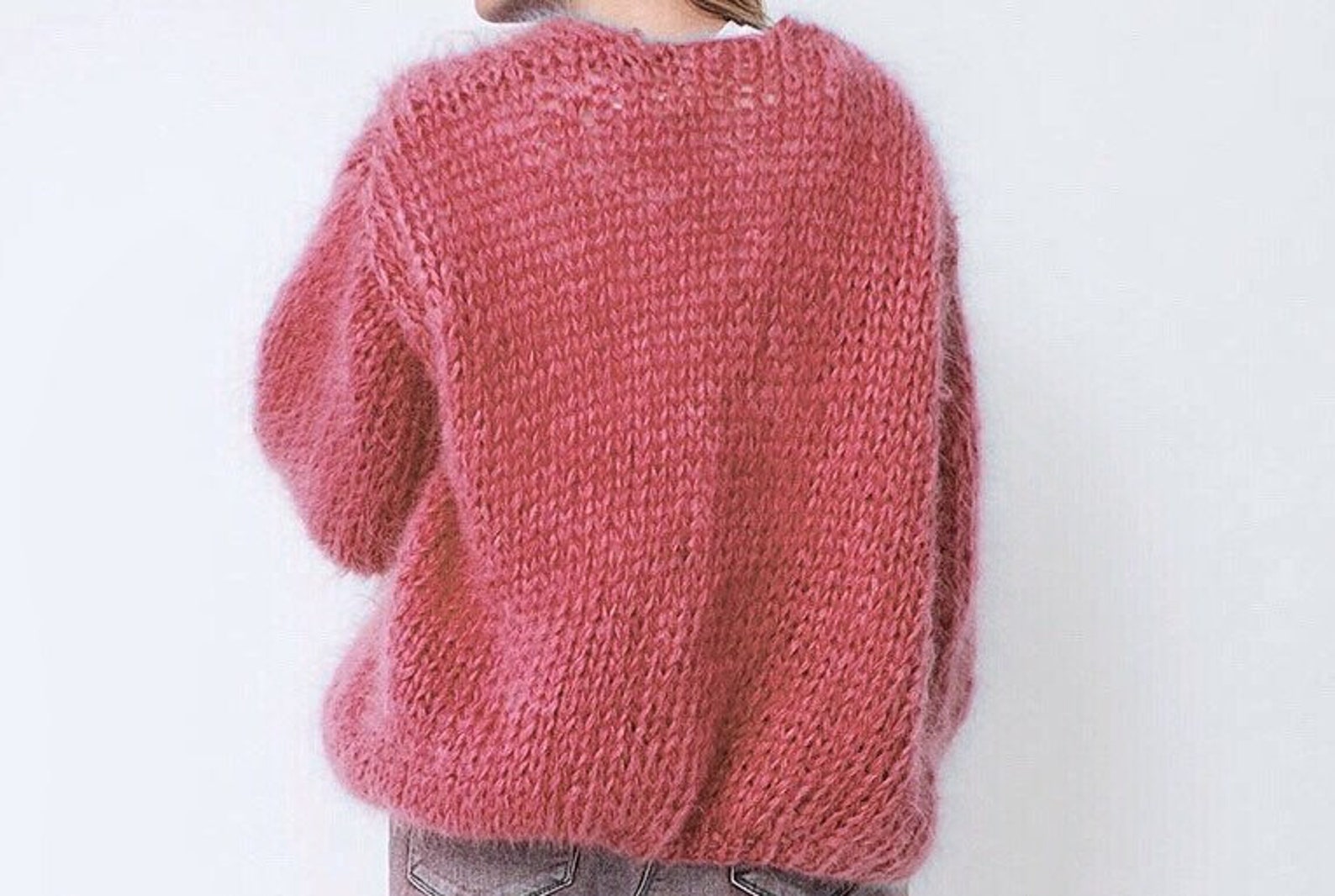 Pink Mohair Cardigan Hand Knit Women Cardigan Angora Wool Cardigan Arm ...