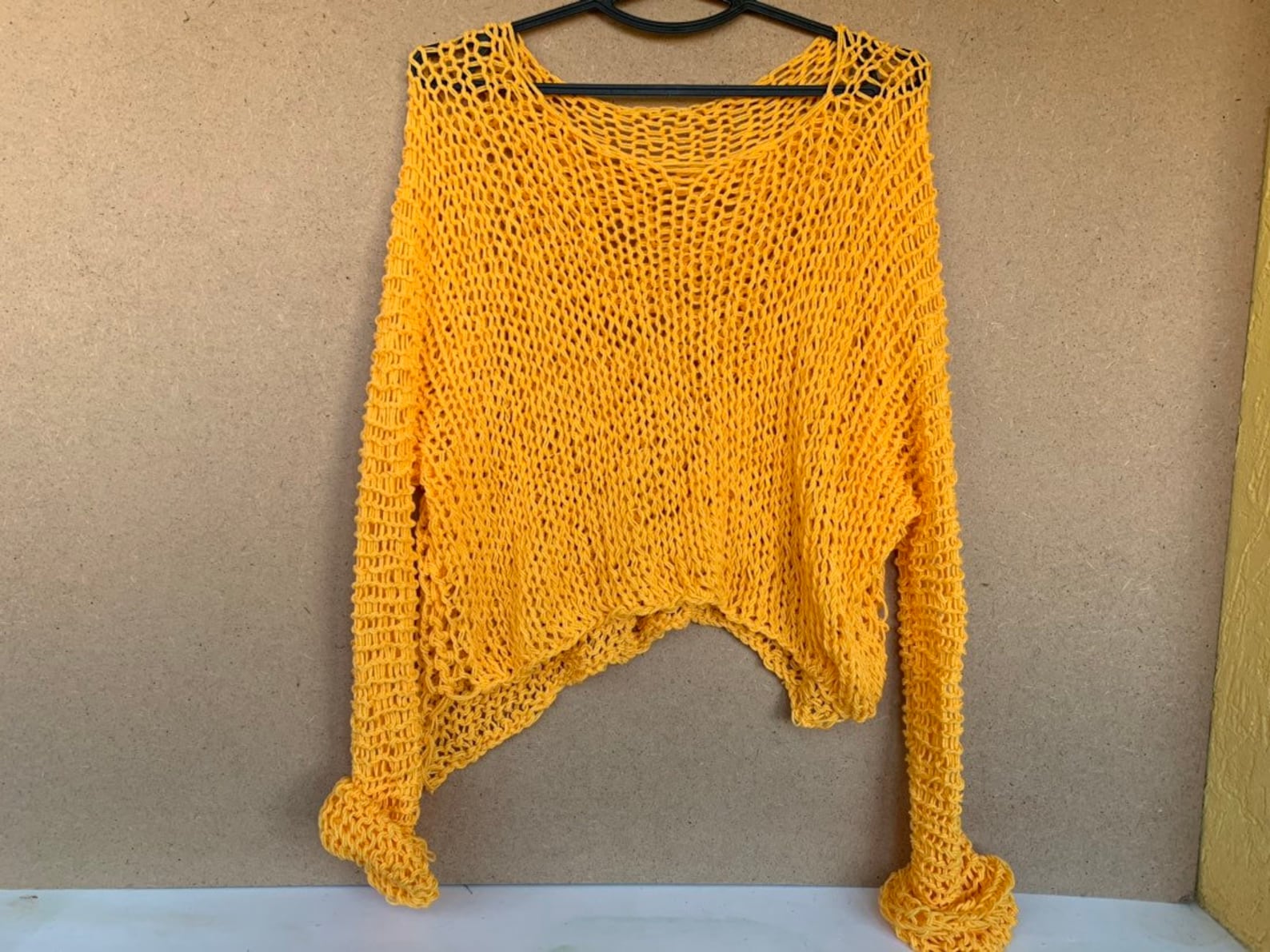 Yellow Fishnet Top Arm Knit Cotton Sweater Hand Knit Cotton - Etsy Canada