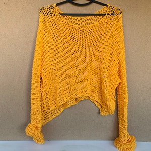 Yellow Fishnet Top Arm Knit Cotton Sweater - Hand Knit Cotton Women ...