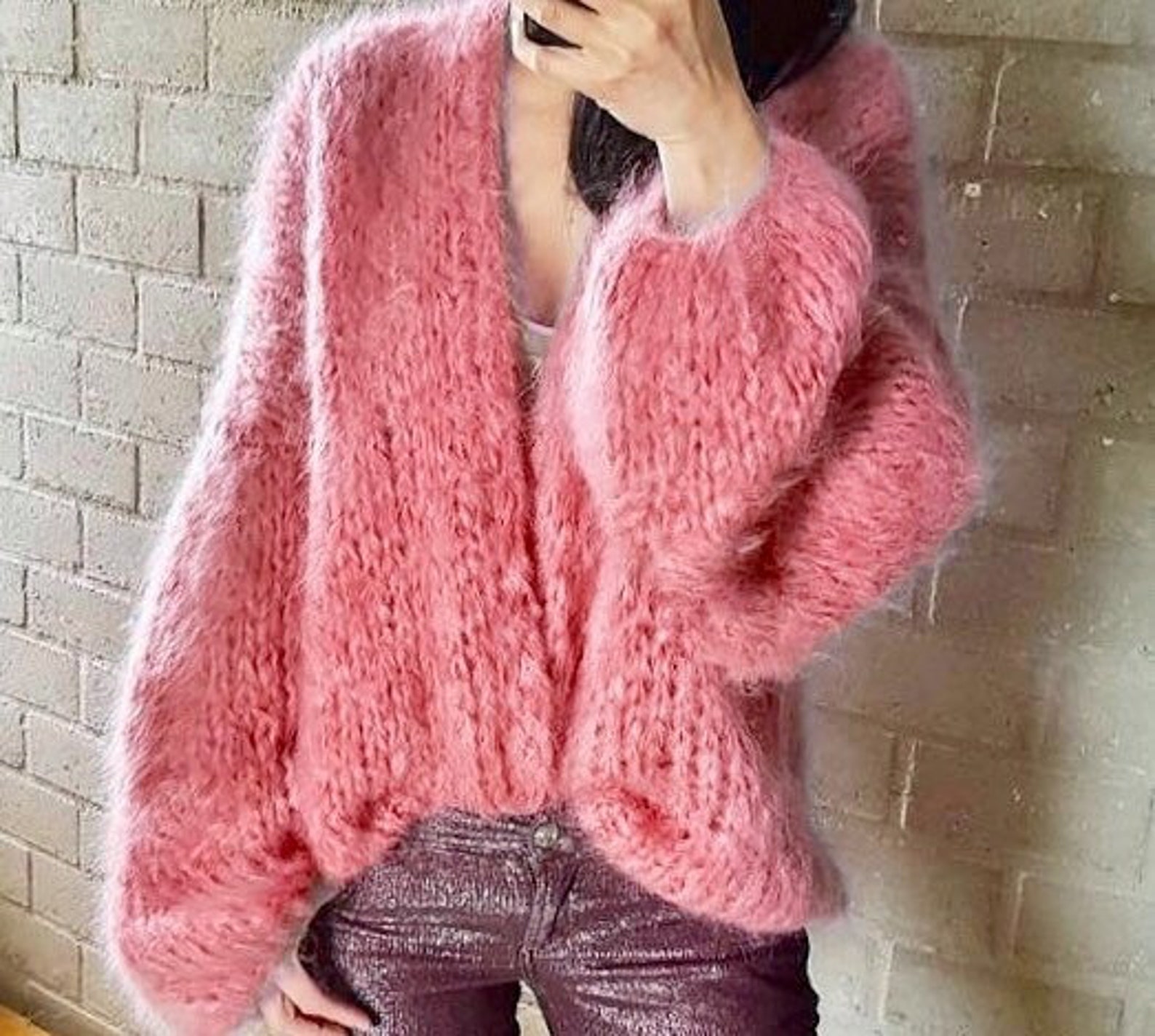 Pink Mohair Cardigan Hand Knit Women Cardigan Angora Wool Cardigan Arm ...