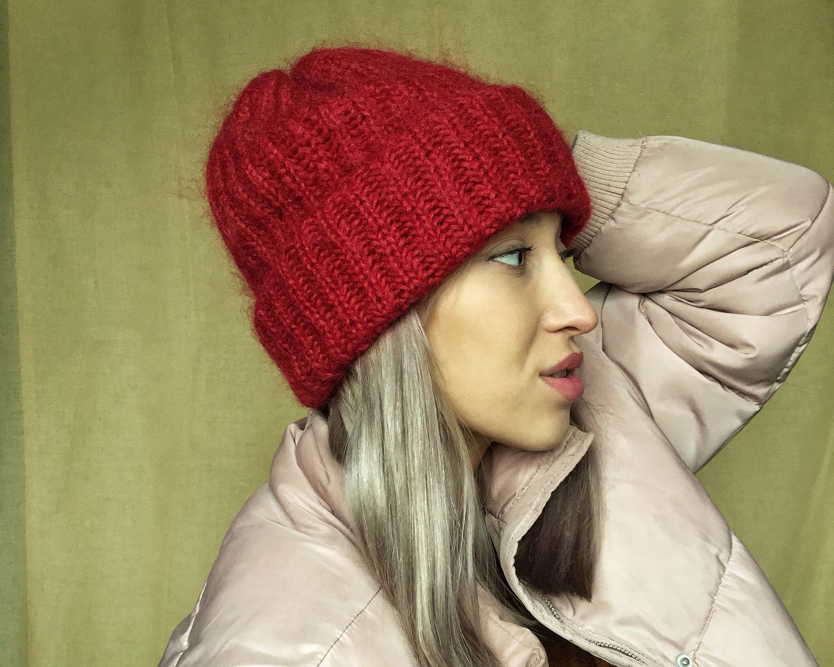 Red Mohair Beanie Ready to Ship Wool Beanie Arm Knitting - Etsy
