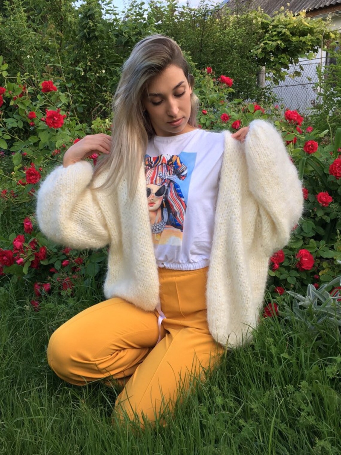 White Mohair Cardigan Hand Knit Women Cardigan Wool Cardigan Arm ...