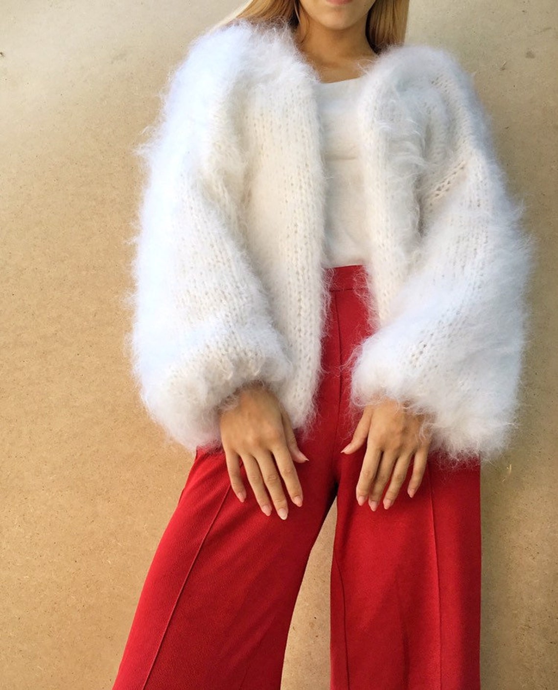 White Mohair Cardigan Hand Knit Women Cardigan Wool Cardigan Arm ...