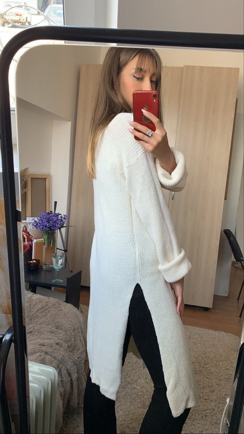 Super Long White Sweater With Incision Turtle Neck Sweater - Etsy