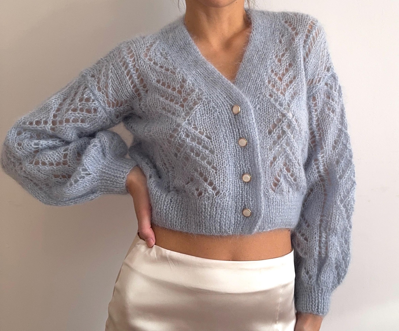 Kid Mohair Off-white Cardigan With Silk Handmade Short Cardigan Buff ...