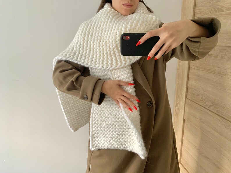 White Long Huge Wool Scarf Arm Knit Wool Scarf Long Knit - Etsy