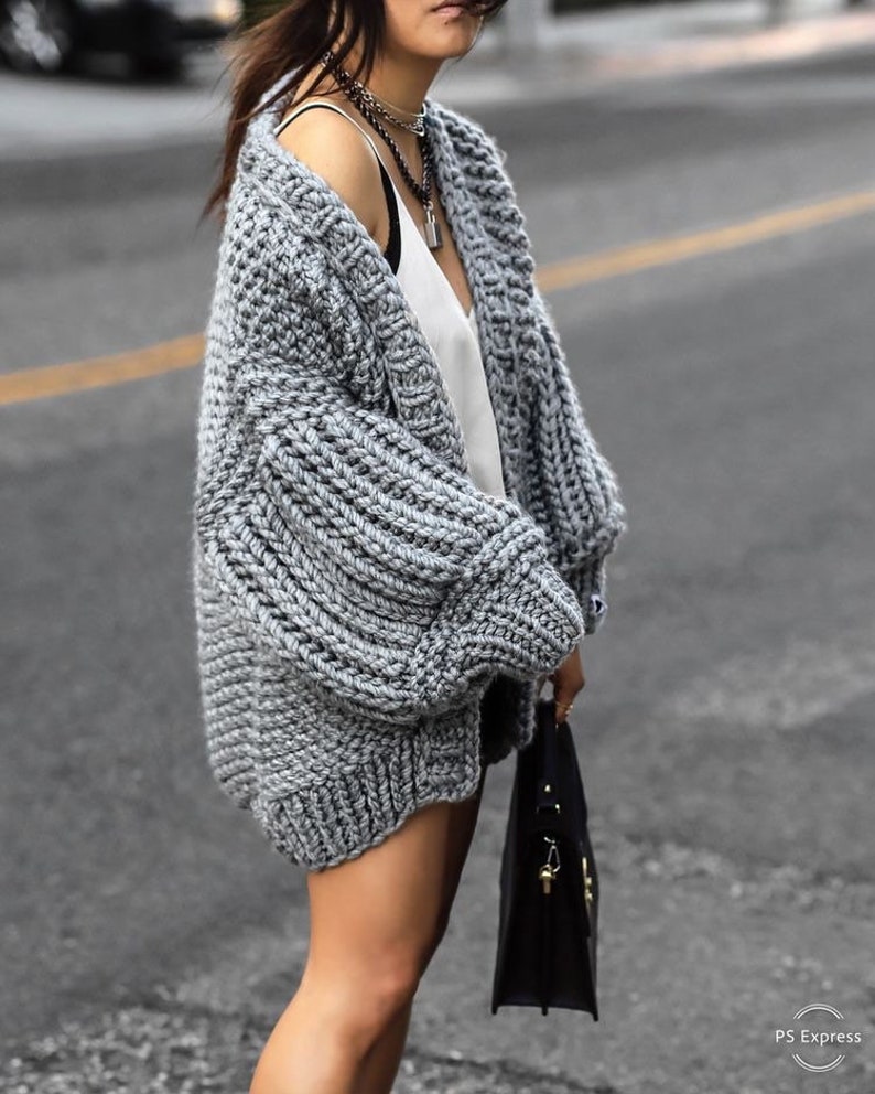 Oversized Grey Chunky Cardigan Hand Knit Cardigan From - Etsy