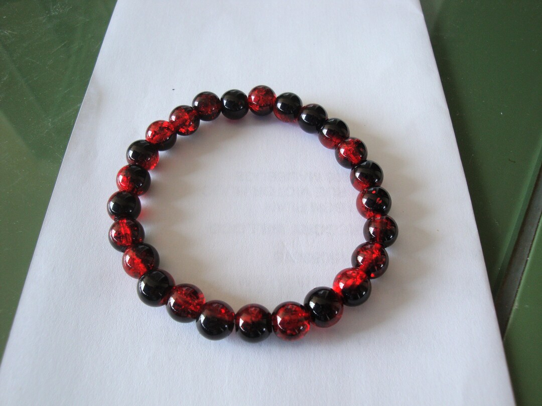 Red and Black Bracelet, 8 Mm Glass Bead Elastic Size, Unisex Bracelet ...