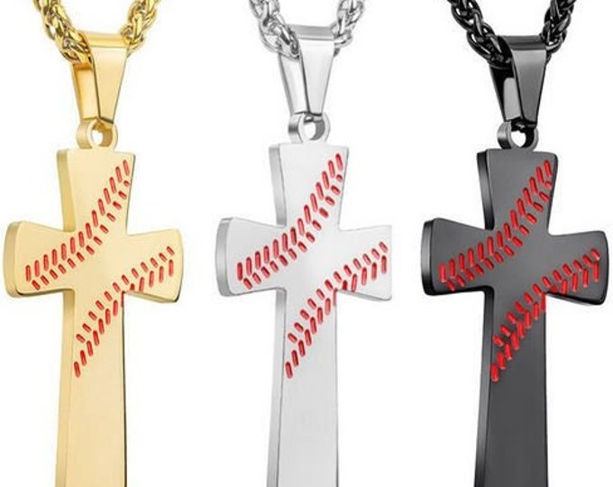 Baseball Cross Pendant Necklace Stainless Steel Gold Silver or Black ...