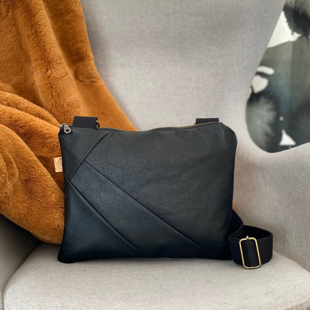 Black Vegan Leather Crossbody Bag: Chic Faux Leather With Wide Strap - Etsy