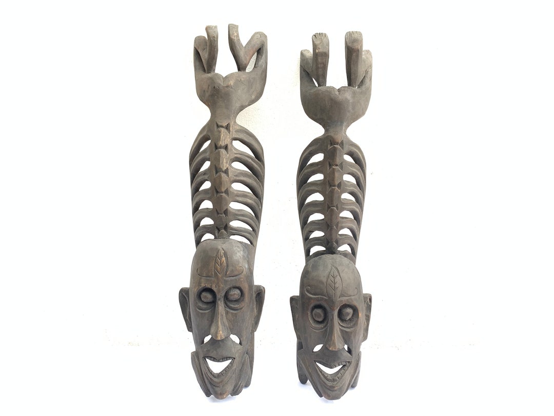TWO LETI STATUE Wooden Sculpture Figure Icon Image Skull Skeleton ...