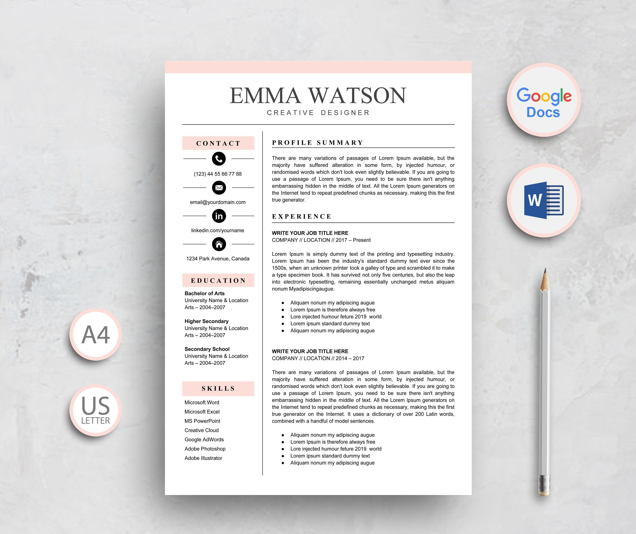Google Docs Resume Template Instant Download, Pink Color Resume ...