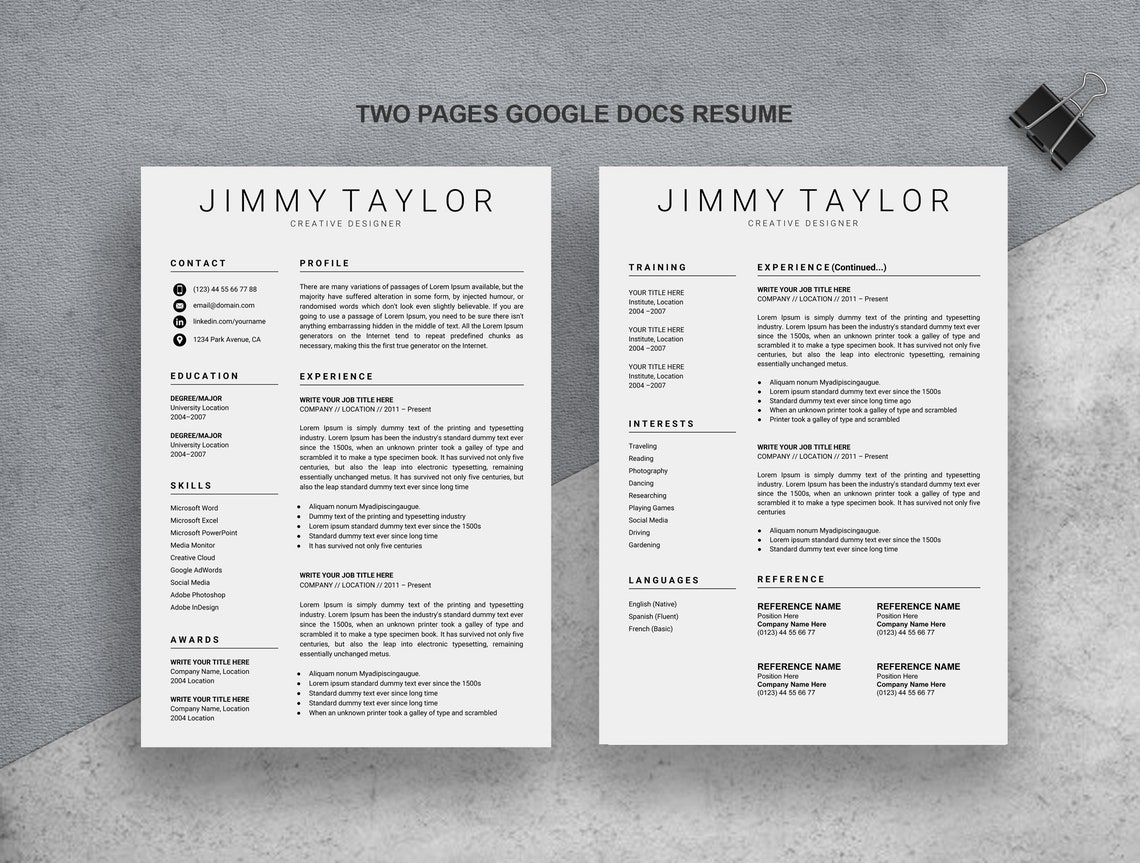 Google Docs Resume Template Professional Resume Template | Etsy