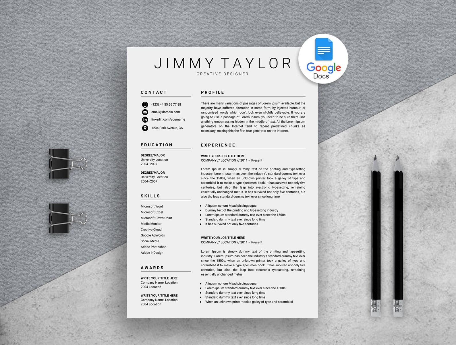 Google Docs Resume Template Professional Resume Template | Etsy