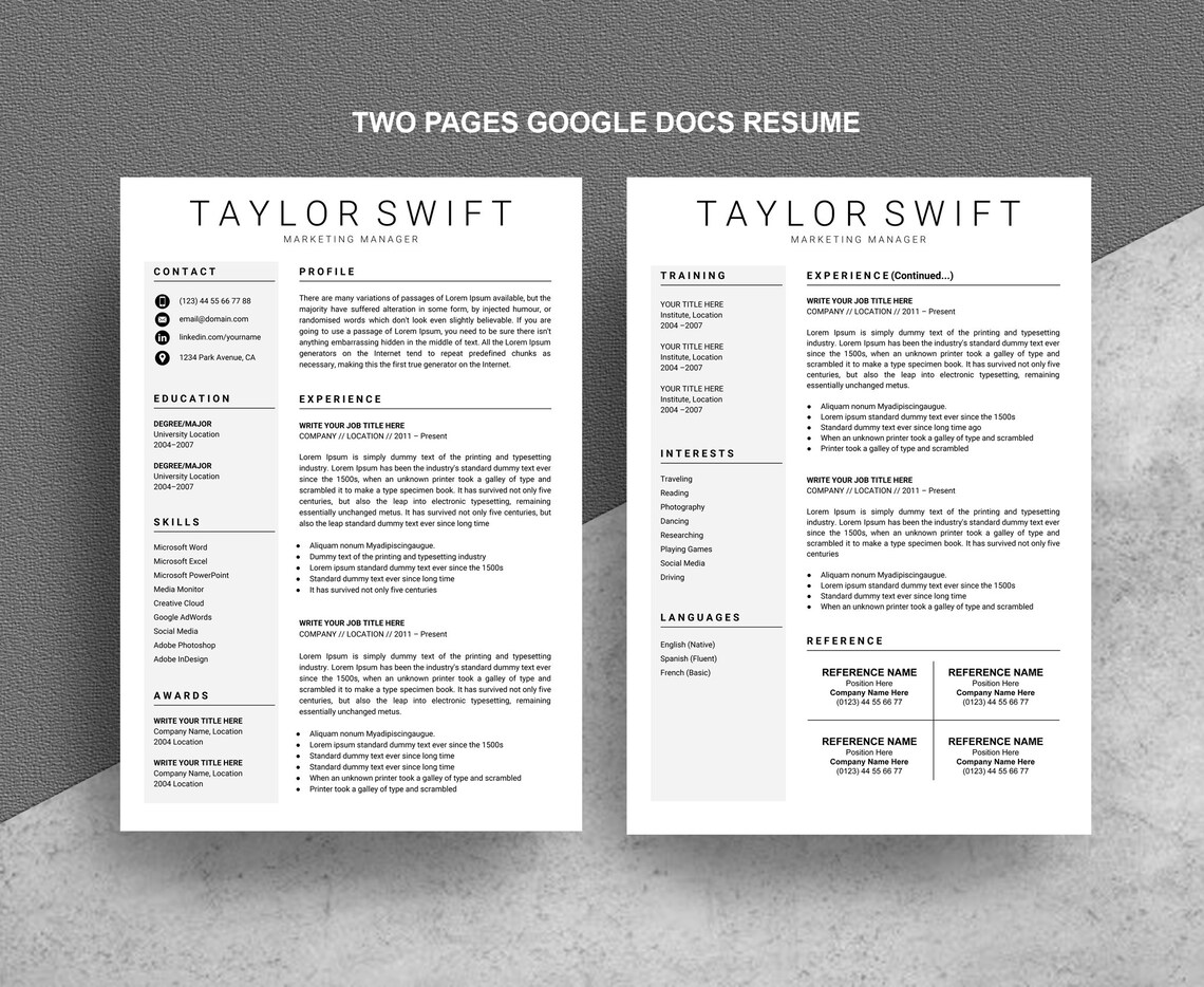 Google Docs Resume, Resume Template for Word, Google Resume, CV ...