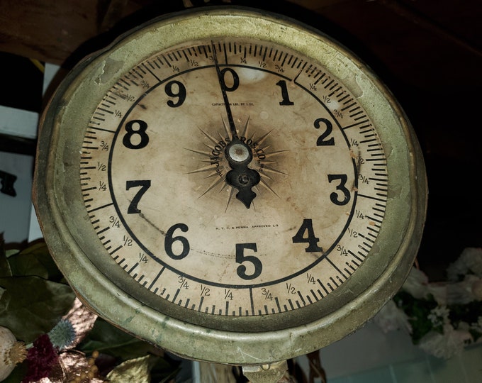 Primitive Antique Hanging Scale With Porcelain Enamel Pan Mfg. Jacob ...