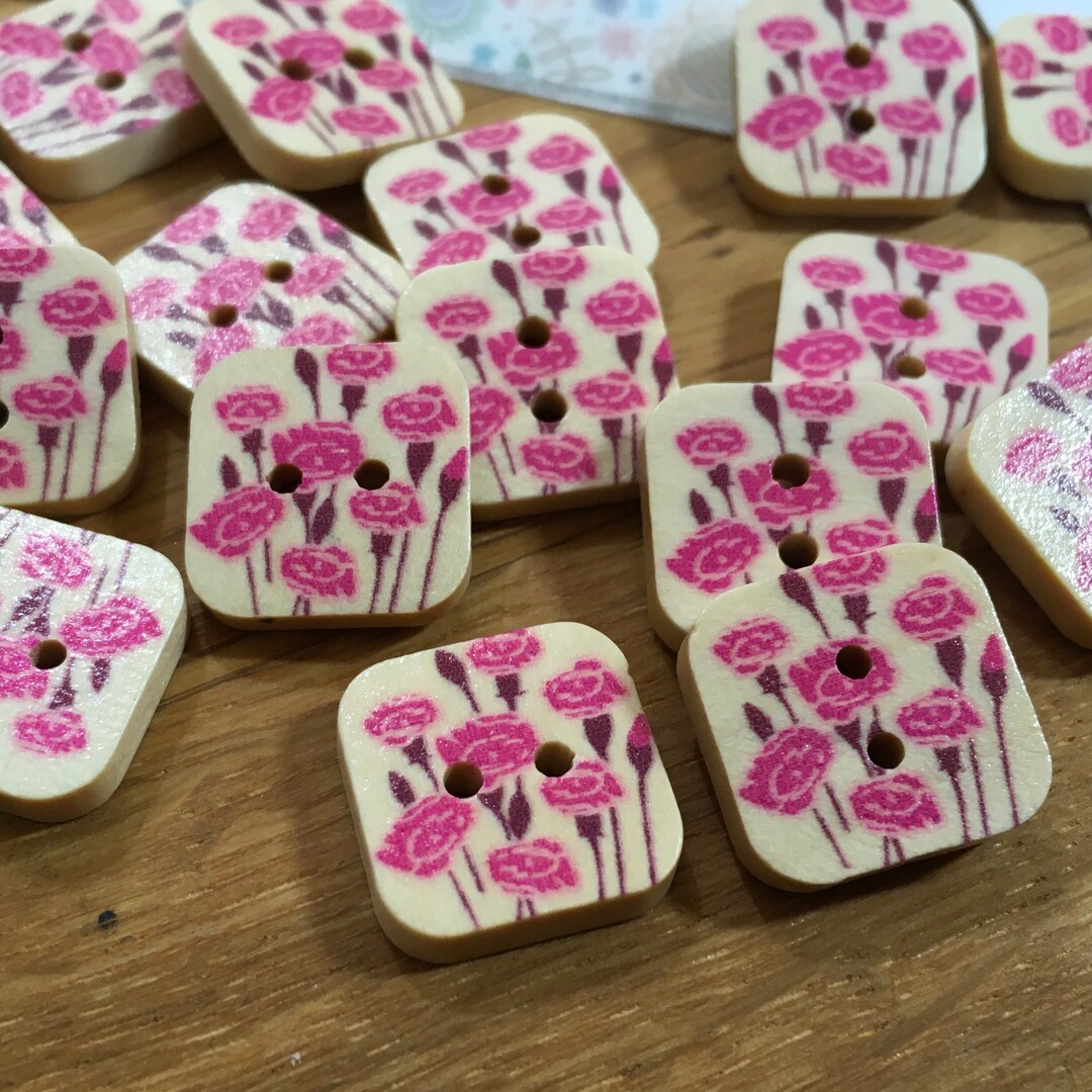 Square Pink Rose Patterned Wooden Buttons:packs of 4 Buttons - Etsy
