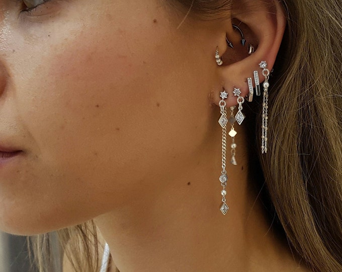 Sterling Silver Rhombus Earrings Set, Silver Ear Jacket Chain Earrings ...