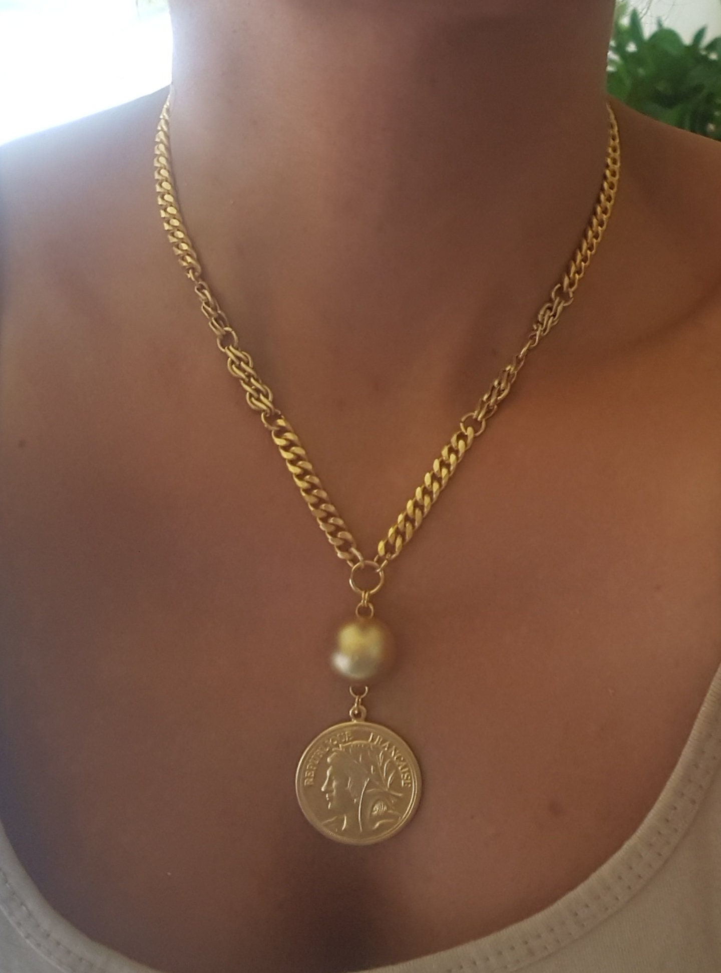 Matte gold coin necklace chunky link medal necklace BOHO | Etsy