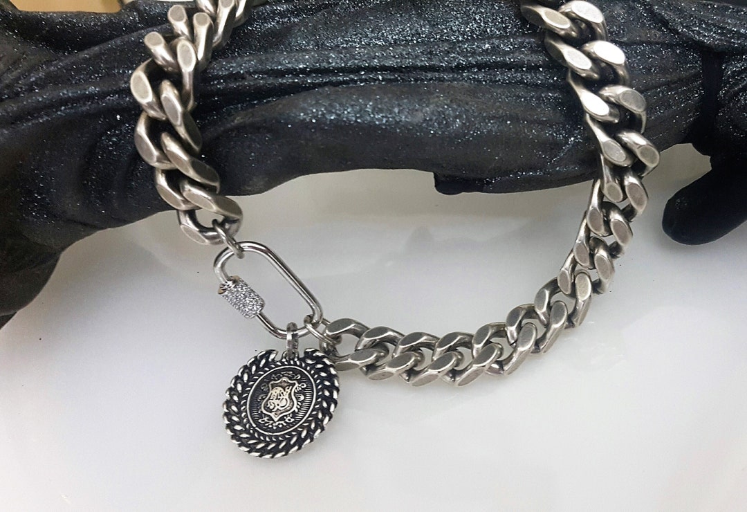 Oxidized Silver-plated Brass Coin Necklace: Chunky Cuban Link Carabiner ...
