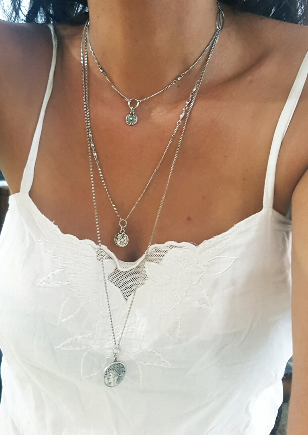 Set of Three Coin Necklaces, Layered Coin Charm Necklace, Boho Coin ...