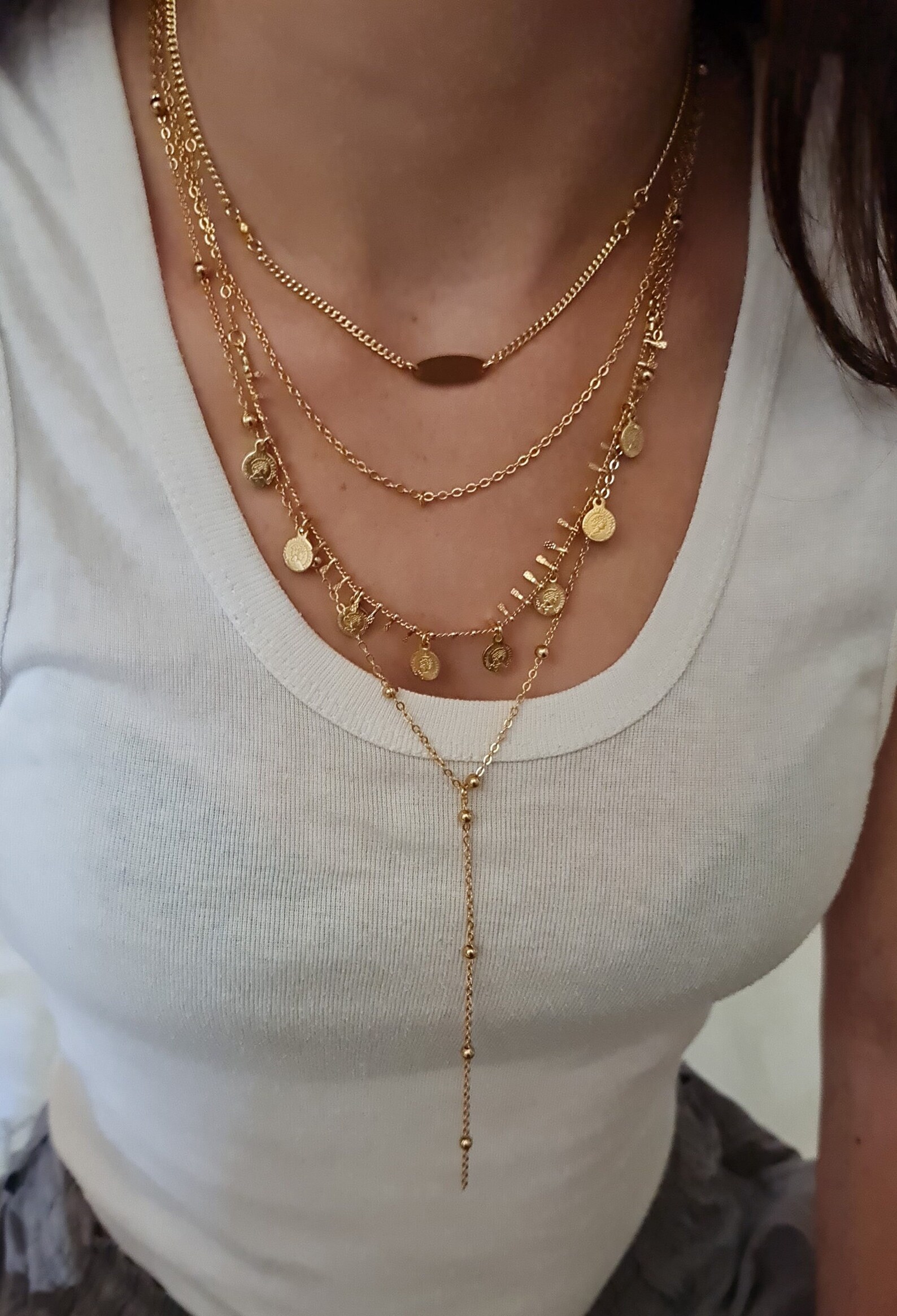 Gold Layered Coin Charm Necklace: Multi Strand Y Lariat - Etsy