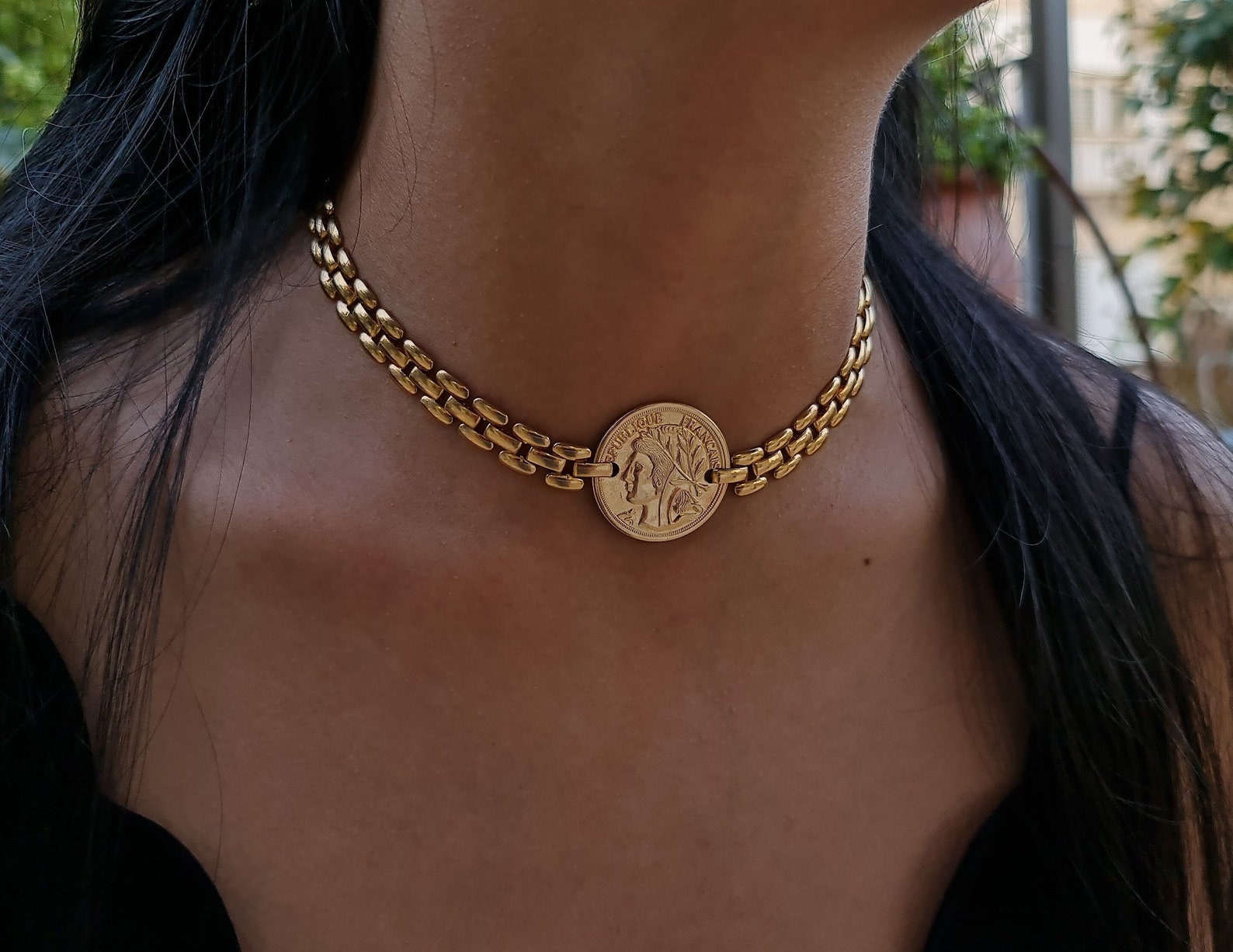 Coin Choker Gold Choker Necklace Chunky Link Choker | Etsy