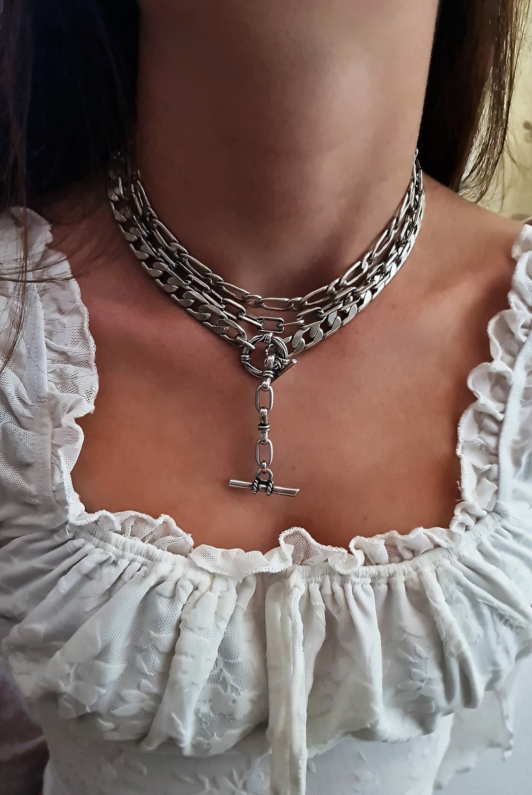 Layered Necklace Set: Silver Layering Chain Choker With Toggle Clasp ...