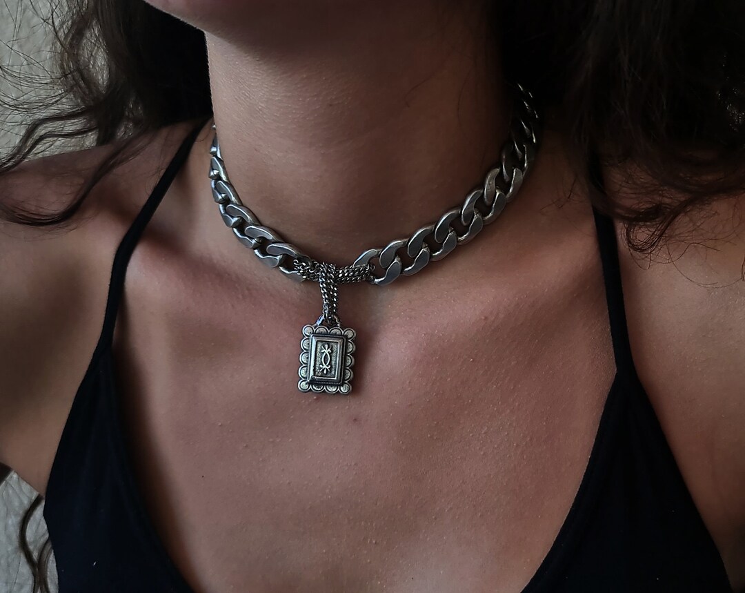 Coin Necklace, Chunky Link Necklace, Rectangle Coin Necklace, Thick ...