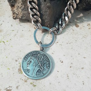 Silver Coin Necklace - Statement Coin Pendant Necklace - Chunky Link ...