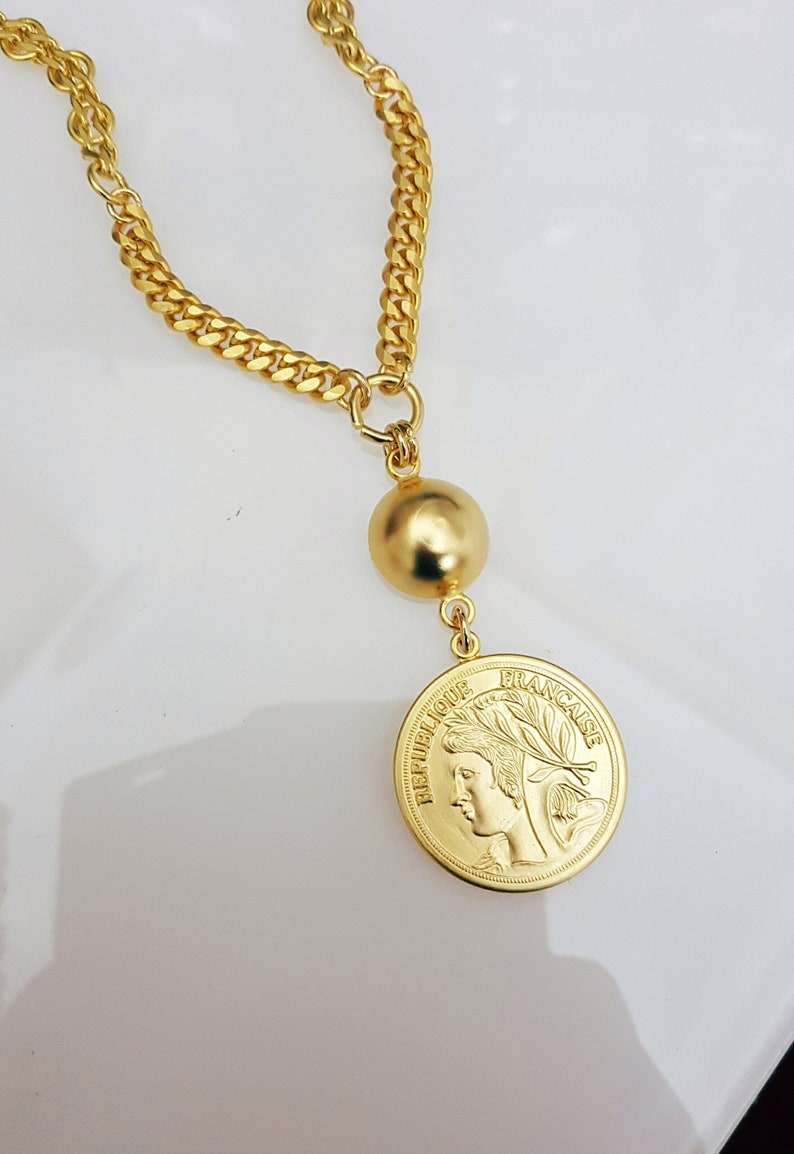 Matte Gold Coin Necklace Chunky Link Medal Necklace BOHO - Etsy