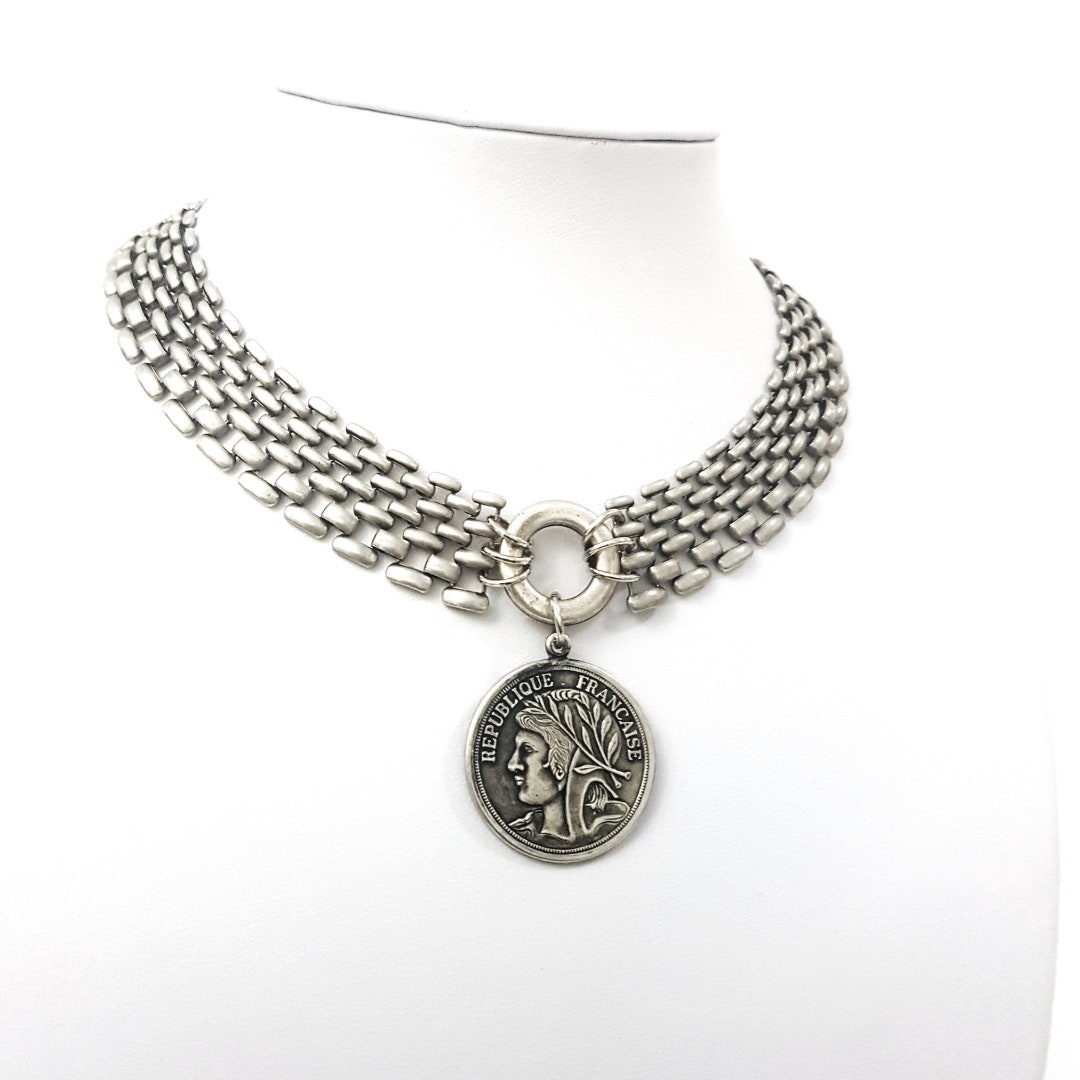 Oxidized Silver Coin Pendant Necklace: Chunky Panther Link Chain - Etsy