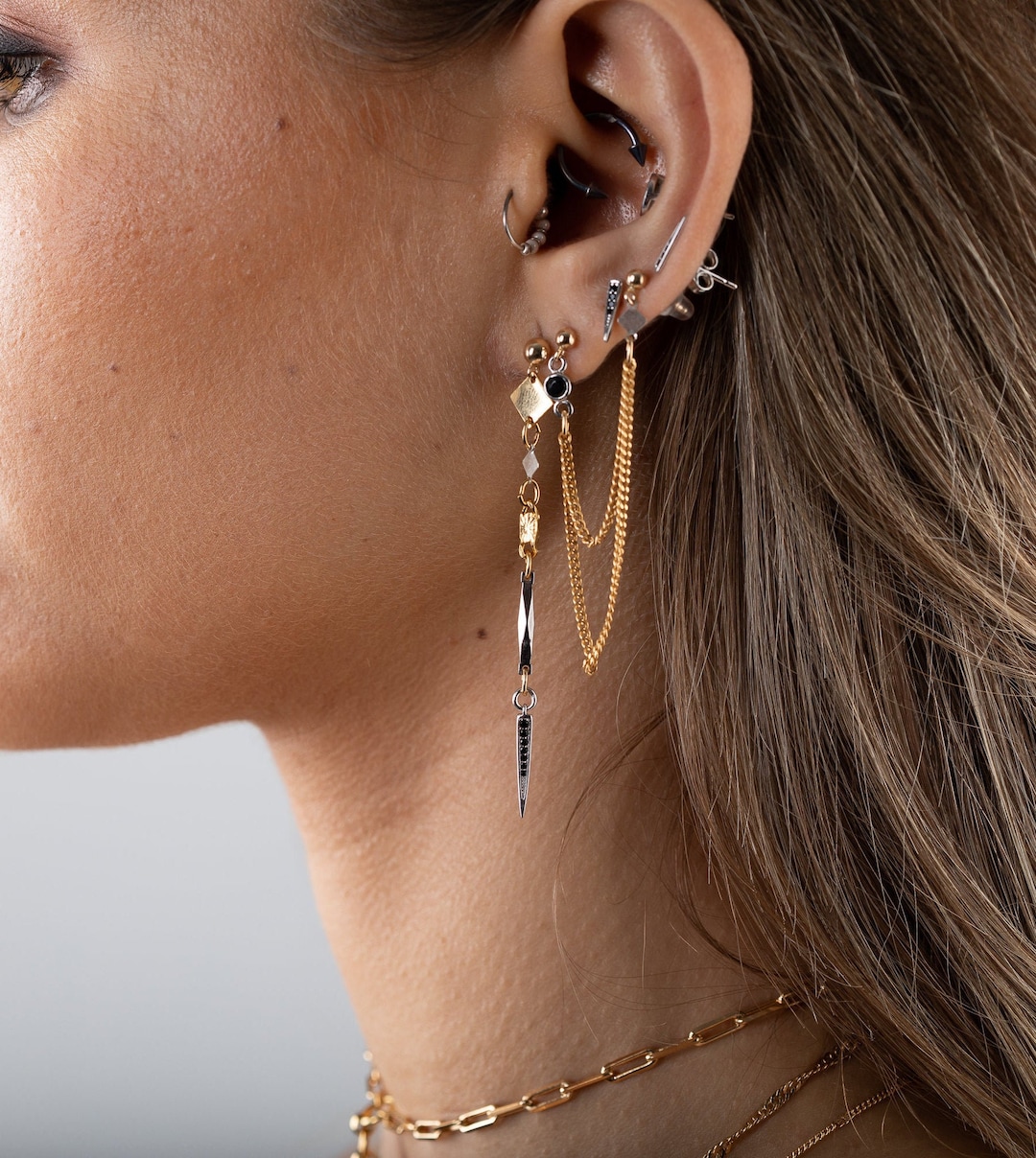 Sterling Silver Spike & Chain Earring Set - Double Piercing Jewelry - Etsy