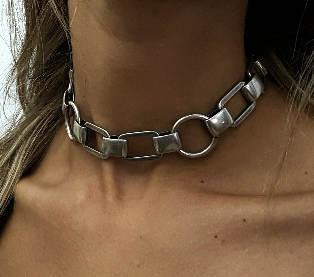 Chunky Choker Necklace: Thick Silver Rectangle Link Chain, Punk Grunge ...